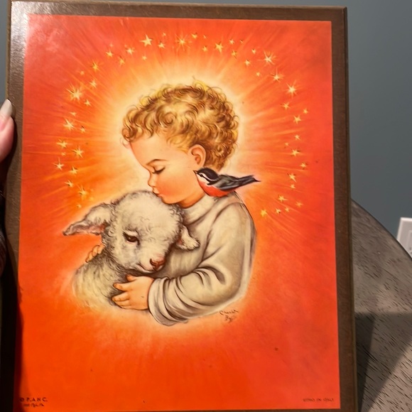 Wall Decor | Vintage Baby With Lamb Bird Charlot Byj Litho Print Plaque ...